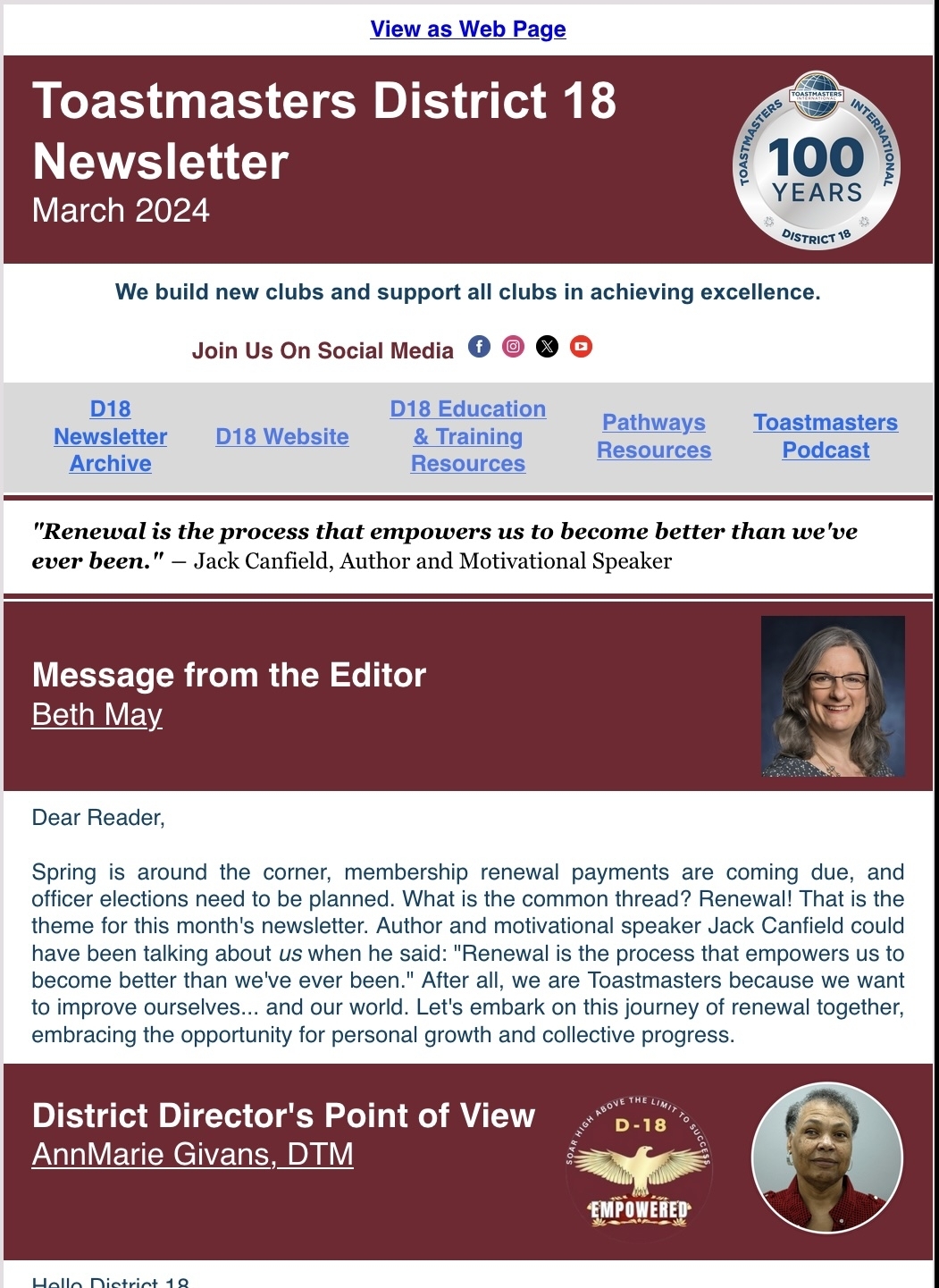 Newsletter Archive - District 18 Toastmasters